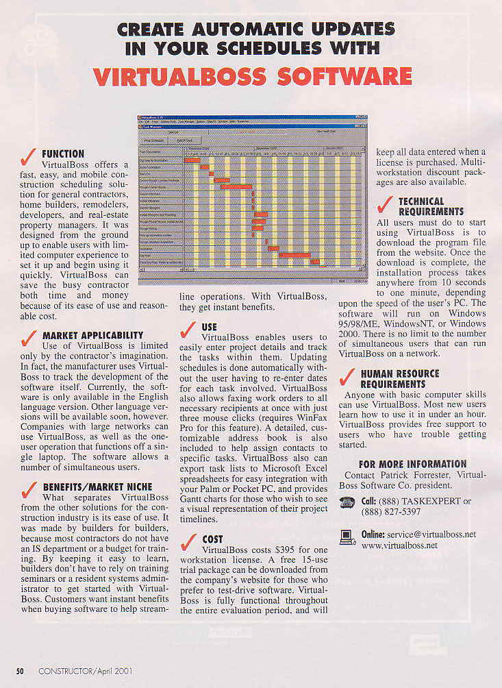 Constructor Magazine's full page article on our management software